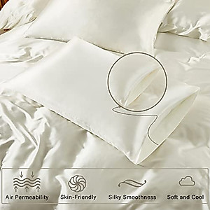 Vonty 3-Piece Silky Satin Duvet Cover Set Full/Queen Size Duvet Cover, Organic Natural 400TC Ivory White Duvet Cover Set - Luxury & Sexy Bedding Duvet Covers with Zipper Closure(No Comforter)