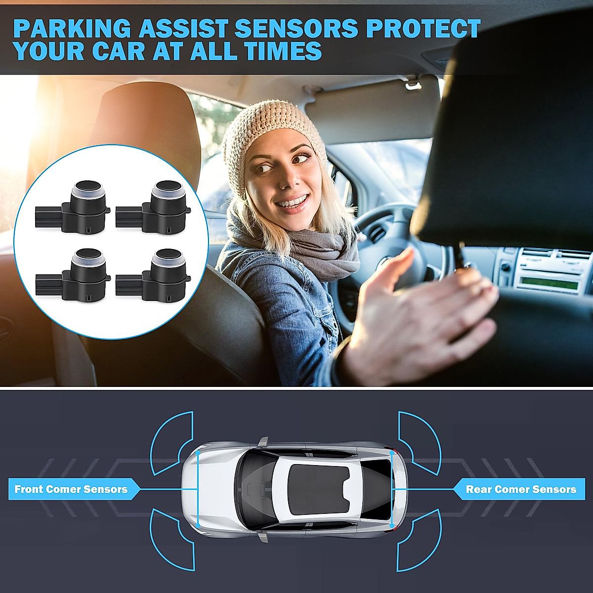 SHINEHOME 4 PCS PDC Parking Assist Sensor - Compatible with Dodge Journey, Durango, Ram 1500 2500 3500, Jeep Commander, Liberty, Grand Cherokee - Replace 1EW63TZZAA - Reverse Backup Parking Sensor