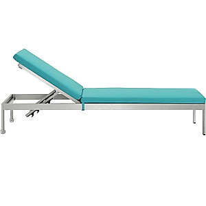 Modway Shore Aluminum Outdoor Patio Chaise Poolside Lounge Chair with Cushion in Silver Turquoise