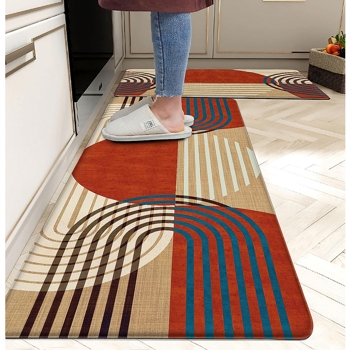 weesire Boho Kitchen Rug Anti Fatigue Mats for Kitchen Floor Kitchen Rugs Bohemia Style Memory Foam Kitchen Mat Cushioned PVC Leather Kitchen Rug Set, 17.3x28+17.3x47 inchs, C2