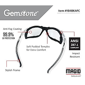 MAGID Gemstone Onyx Sporty Foam Lined Safety Glasses, 1 Pair, Gray Polycarbonate Lenses, Black Frame