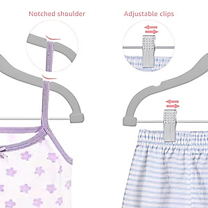 MangoKit Baby Clothes Hangers with Movable Clips 10 Pack,11.8 Inch Kids Velvet Hangers Non-Slip, Swivel Hook,Space-Saving Children's Coat Hangers for Skirts,Pants,Dresses,Jackets(Grey)