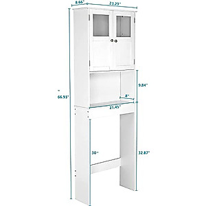 Bonnlo Over Toilet Storage, Bathroom Space Saver with Double Door Glass Window Cabinet Tower with Adjustable Shelf (White)