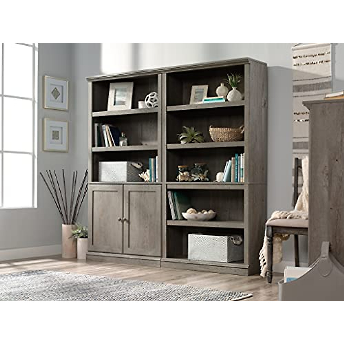 Sauder Bookcase with Doors, L: 35.28" x W: 13.23" x H: 69.76", Mystic Oak finish