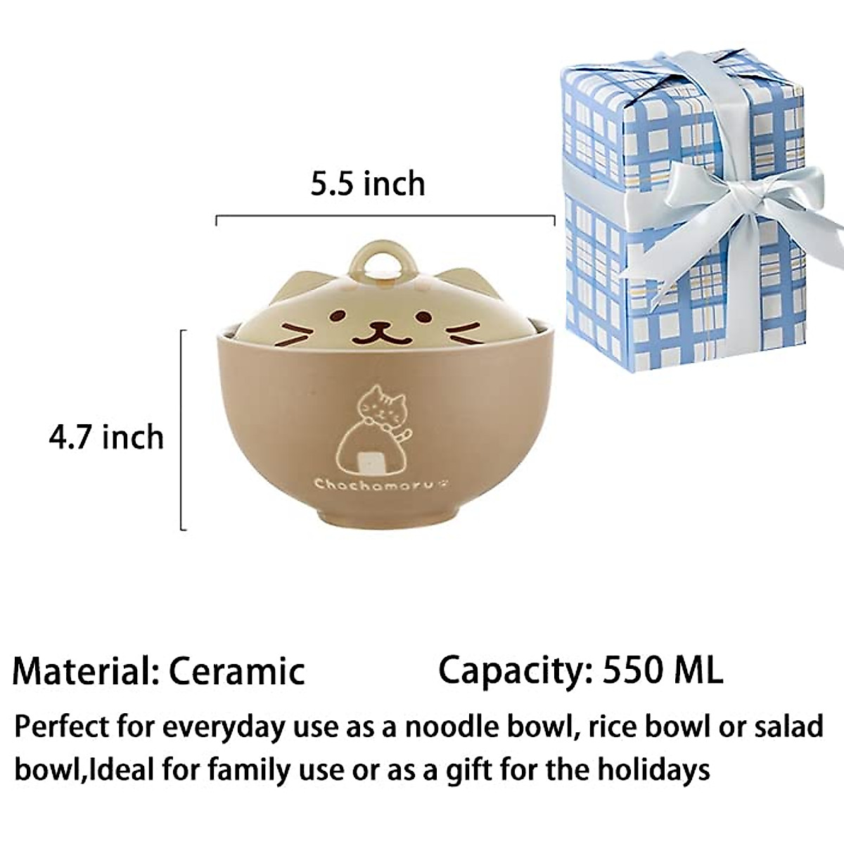 Japanese Style Ceramic Soup Bowls with Lids Ramen Bowl Cute Kitten Design for Mixing Salad, Noodle, Instant Noodles, Ramen Cooker, Kitchen Oven, Microwave Safe Bowl Cat Gifts for Cat Lovers (khaki)