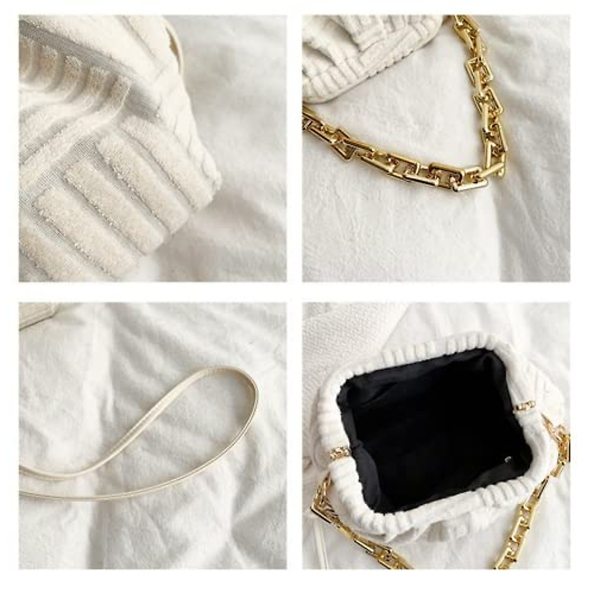 HDHTB Dumpling handbag cloud shape shoulder bag casual clutch purse pouch with chunky chain Jacquard velvet crossbody dupe (white)