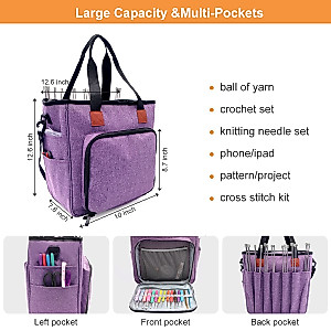 Fangze Yarn Bag-Knitting Bags Upgraded Yarn Tote Bag Organizer Crochet with Grommets and Belt for Crochet Hooks,Knitting Needles And Accessories(Purple)