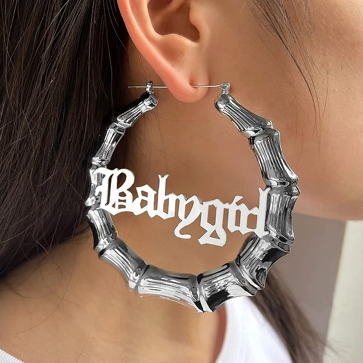 Gold Silver Plated Big Bamboo Hoop Earrings for Women Hip-Pop Style Party Jewelry(B:Silver)