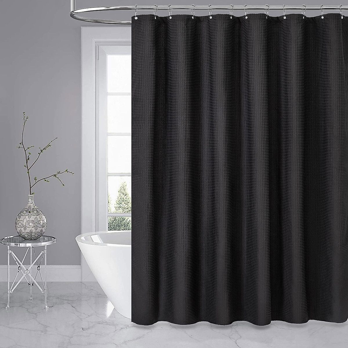 Dynamene Black Fabric Shower Curtain - Waffle Textured Heavy Duty Cloth Shower Curtains for Bathroom, 256GSM Hotel Spa Luxury Weighted Polyester Bath Curtain Set with 12 Plastic Hooks(72Wx72H, Black)
