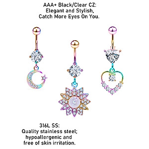 kwoencxi 14G Belly Button Ring for Women Stainless Surgical Steel Long Dangle Curved Hypoallergenic Belly Navel Ring Barbells Bar Belly Piercing Jewelry for Women Colorful 10mm CZ Diamond Gem