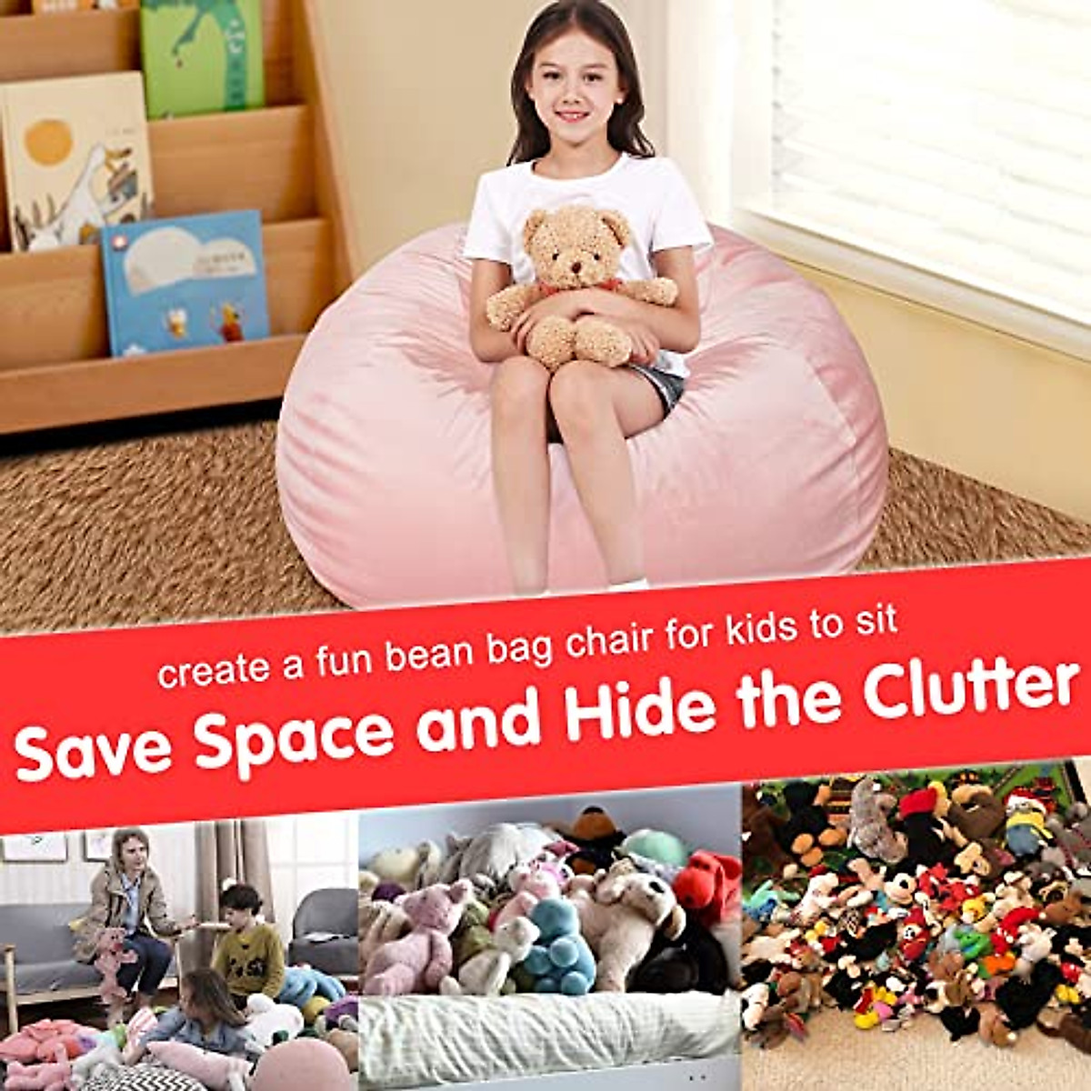 Lukeight Stuffed Animal Storage Bean Bag Chair for Kids and Teens Without Filling, Zipper Storage BeanBag Cover for Organizing Stuffed Animal, Luxury Velvet Soft Bean Bag Chair Cover (No Beans) Large