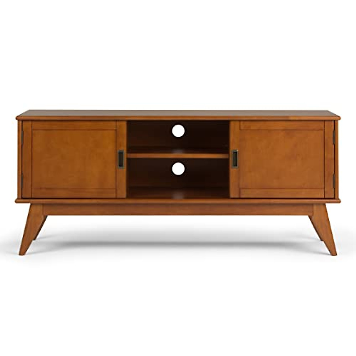 SIMPLIHOME Draper SOLID WOOD Universal TV Media Stand, 60 Inch Wide, Modern Industrial, Living Room Entertainment Center, for Flat Screen TVs up to 70 Inch in Teak Brown