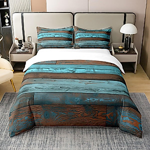 100% Cotton Blue Brown Wood Door Bedding Set Western Rustic Comforter Cover King Lodge Farmhouse Printed Barndoor Duvet Cover for Boys Adults Men,Vintage Country Wooden Quilt Cover 2 Pillow Cases