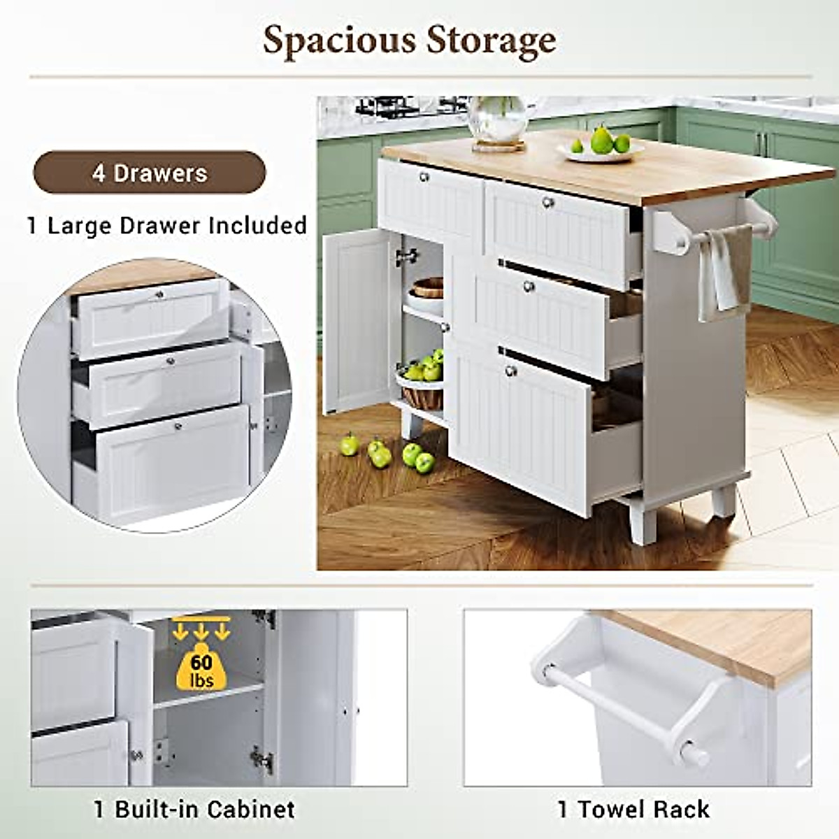 Polibi 3-Piece Kitchen Island Set with Drop Leaf Table and 2 Stools, 5 Drawers, Dining Table Set with Storage Cabinet, Drawers and Towel Rack,White