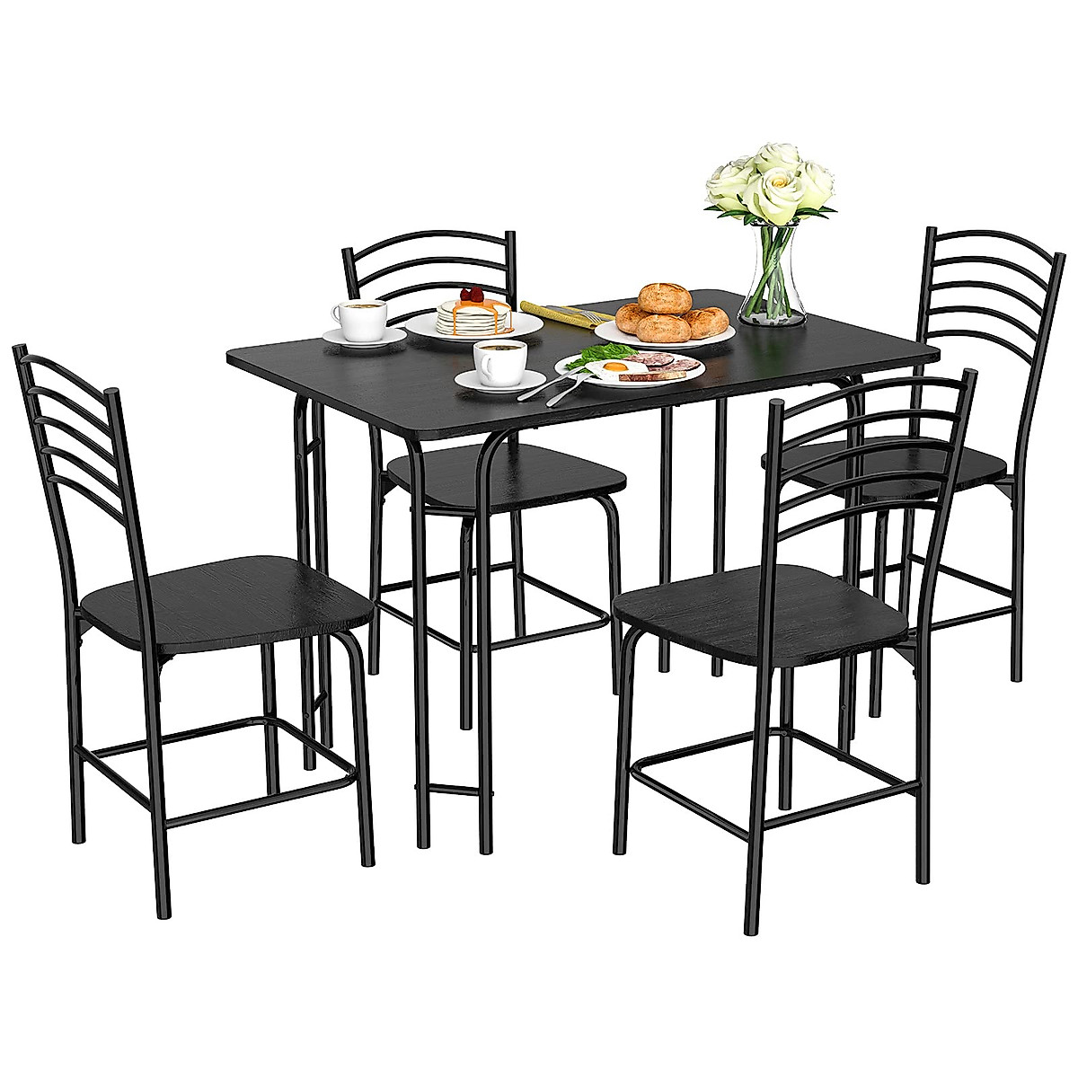 Giantex 5 PCS Dining Table Set 4 Person, Modern Kitchen Table and 4 Chairs, Wooden Top and Metal Legs, Home Dining Room Breakfast Furniture Rectangular Table, Black