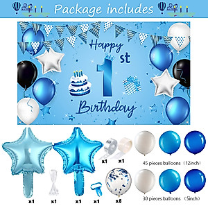 1st Birthday Decorations First Birthday Boy Backdrop 88 Pcs Blue Baby Boy First Party Supplies with Banner Foil Star Balloons Set for Baby Shower Party Decorations Supplies