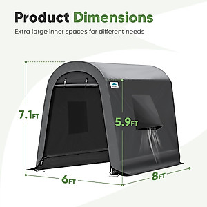 ADVANCE OUTDOOR 6x8 ft Shelter Storage Shed Steel Metal Round Peak Roof Anti-Snow Portable Garage Carport for Motorcycle, Boat, or Garden Tools with 2 Roll up Doors & Vents, Gray