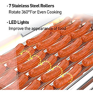 TREEYX 7 Roller Grill Hot Dog Warmers Cooker Machine Stainless Steel with Dual Temp Control, Detachable Acrylic Cover LED