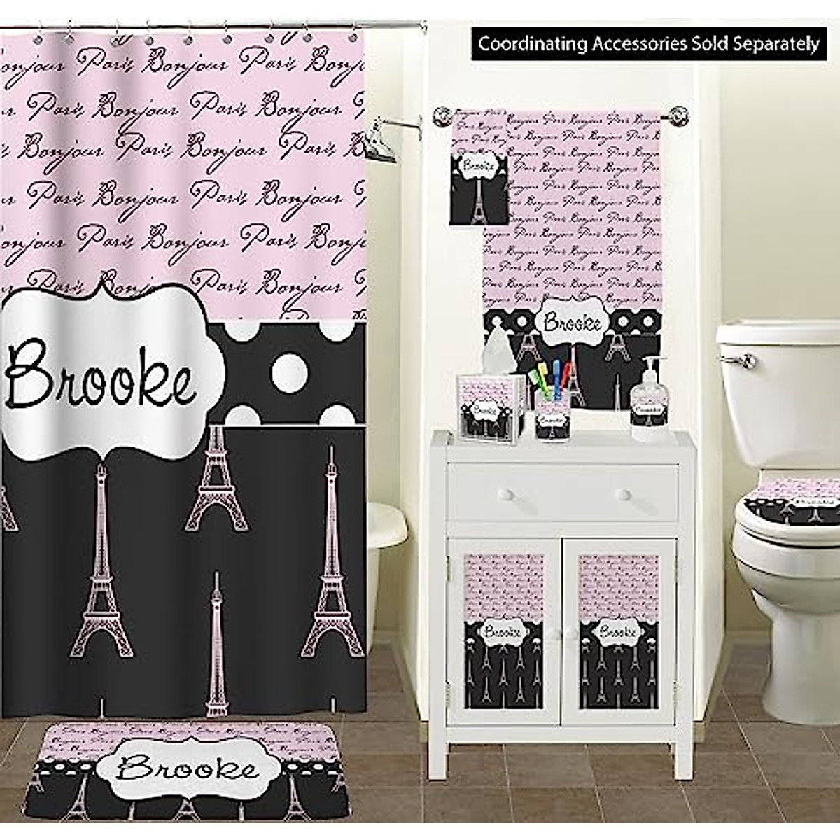 RNK Shops Paris Bonjour and Eiffel Tower Waste Basket - Single Sided (Black) (Personalized)