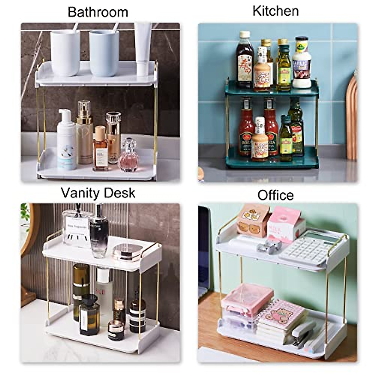 Bathroom Counter Organizer, Perfume Organizer, Kitchen Countertop Storage Tray, Makeup Organizer for Vanity, Spice Rack (2 Tier White Gold)