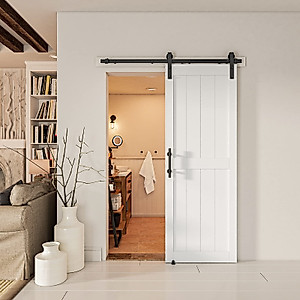 ALAMEDADT 30''x84'' Sliding Barn Door with 5 Ft Barn Door Hardware Kit& Handle& Floor Guides,Pre-Drilled Holes Easy Assembly - Include Installation Manual, Water-Proof PVC Surface, H-Frame, White