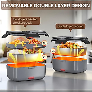 Sitlais Electric Heated Lunch Box for Men, 2 Liters 90 W Double Layer Portable Food Warmer for Car Truck Self Heating Lunch Box for Work Food Heater for Adults Travel Camping lonchera,Dark Grey