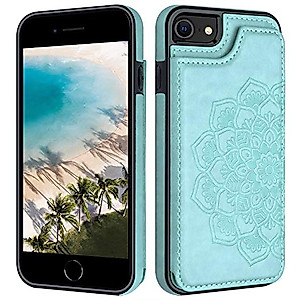 MMHUO for iPhone 7/8/SE 2020/SE 2022 Case with Card Holder,Flower Magnetic Back Flip Case for iPhone 7/8/SE 2020 Wallet Case for Women,Protective Case Phone Case for iPhone 7/8/SE 2020/SE 2022,Mint