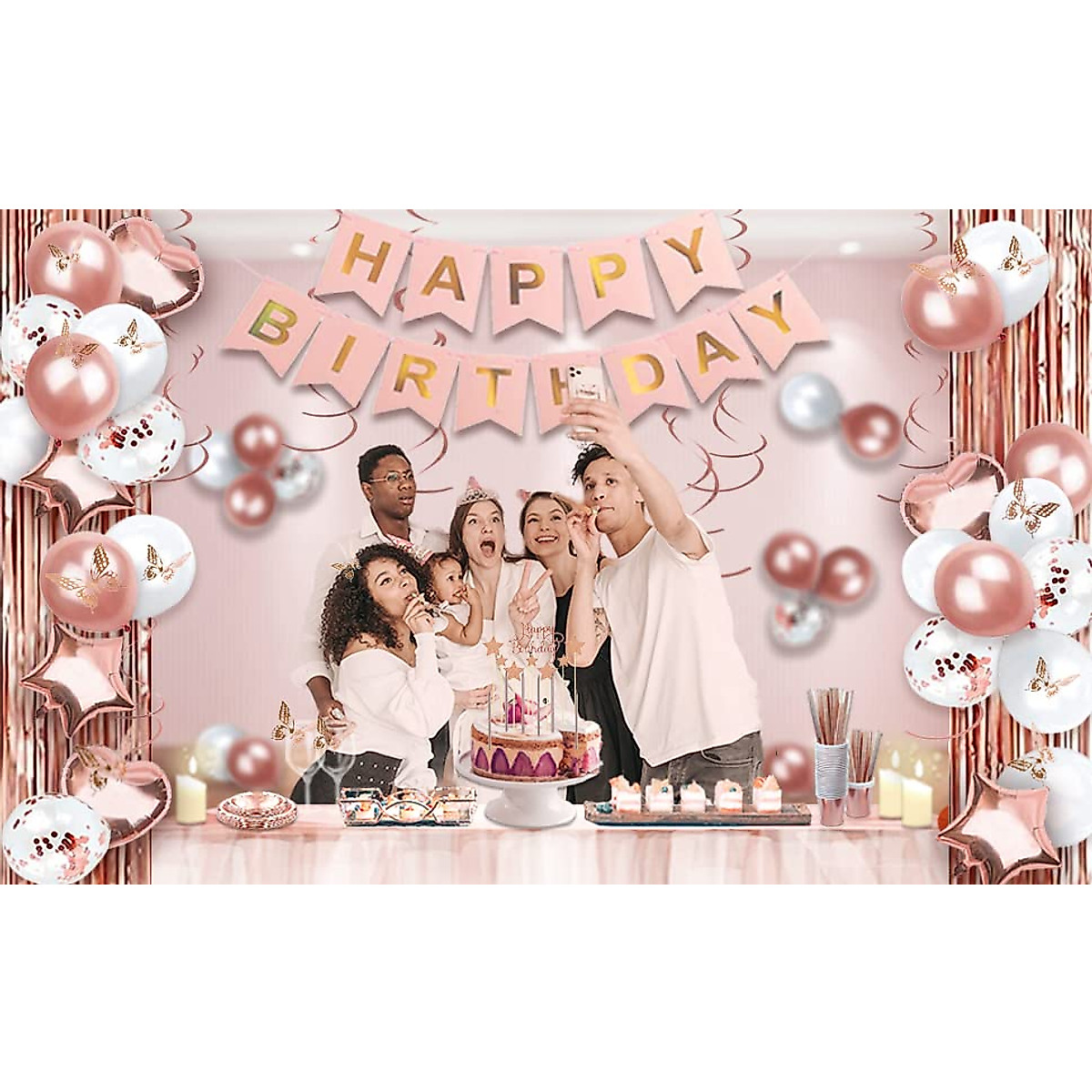 UJoyant 236 Pcs Birthday Decorations For Women, Rose Gold Party Decorations Kit For Girls Or Women - Butterfly Decors, Hanging Swirl, Balloon Stand Kit, Sash, Tiara, Banner, Tassel Curtain, Balloon, Tableware Kit For 25 Guests