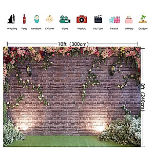 INRUI Spring Flowers Brick Wall Photography Background Garden Floral Wedding Ceremony Bridal Baby Shower Birthday Party Decor Backdrop (10x8FT)