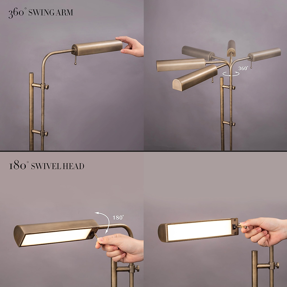 O'Bright Cedric Adjustable Pharmacy Floor Lamp - Industrial Design for Reading, Crafting, Work - 10W LED, Height 45-61 inches - Ideal for Living Room, Bedside, Office - Antique Brass