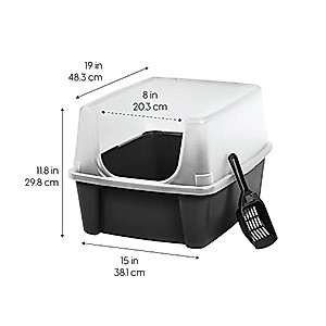 IRIS USA Open Top Cat Litter Tray with Scoop and Scatter Shield, Sturdy Easy to Clean Open Air Kitty Litter Pan with Tall Spray and Scatter Shield, Black/Clear