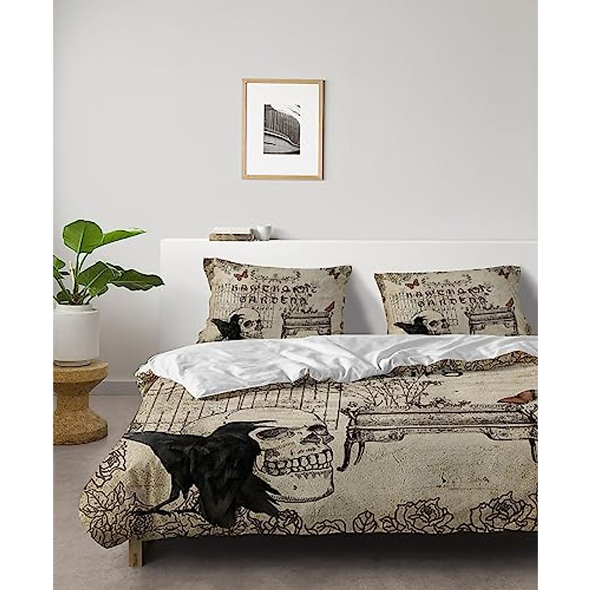 Halloween Black Crow Skull Duvet Cover Sets 4 Piece Full Ultra Soft Bed Quilt Cover Set for Kids/Teens/Women/Men,Vintage Flowers Buffalo Back Bedding Collection All Season Use
