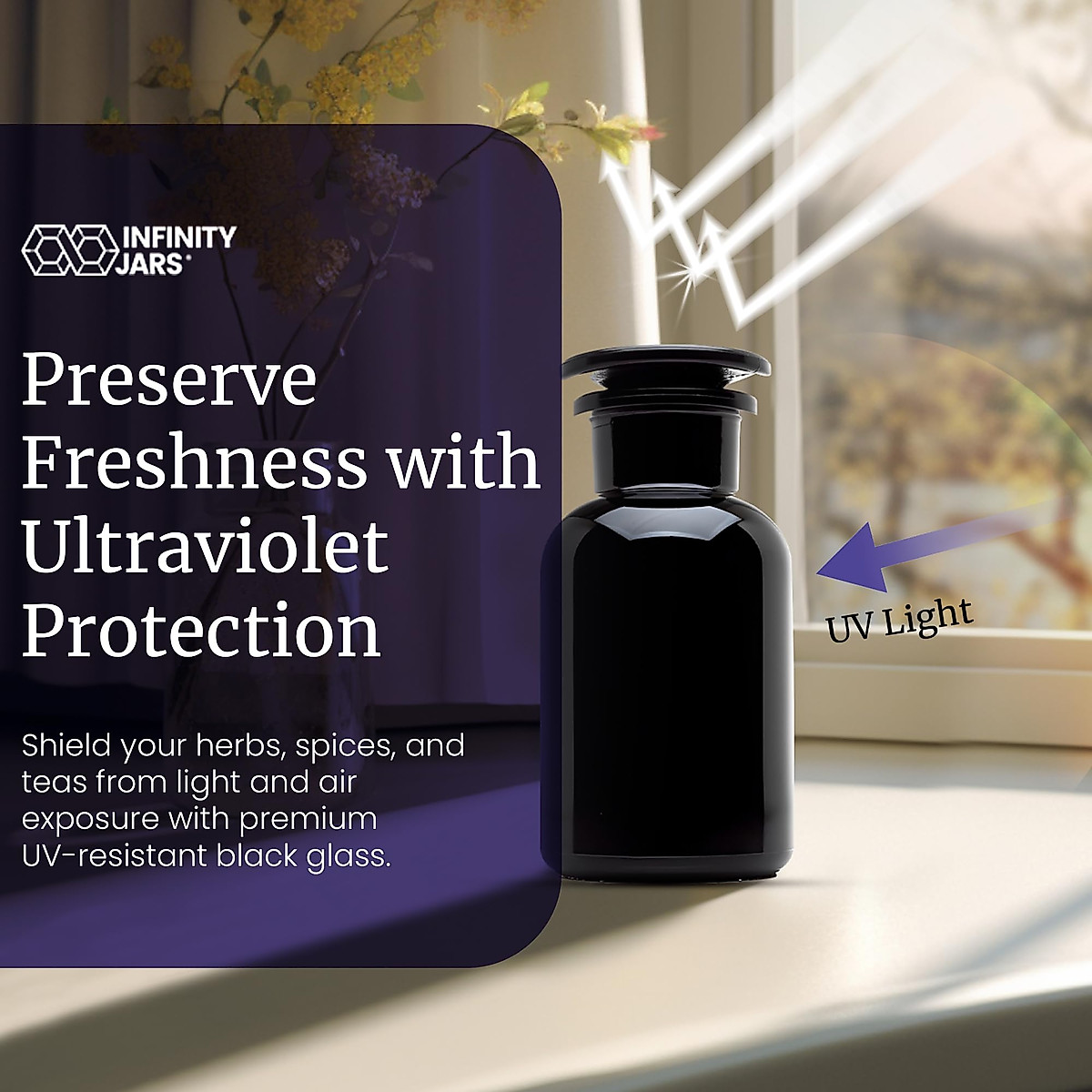 Infinity Jars Round jar Black Ultraviolet Glass Refillable Empty Apothecary Jar 250 ml (8.4 Fl oz) with Airtight Glass Lid for Tea, Spices, Dried Goods, Herb Storage | Smell Proof Jar 3-Pack