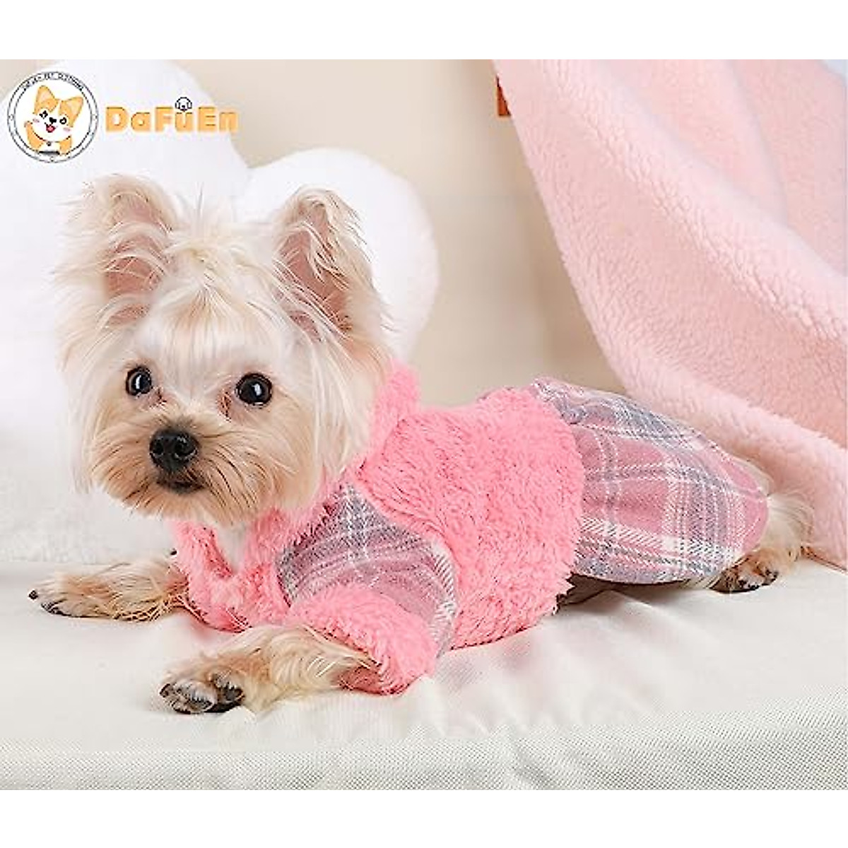Dog Hoodie Dress Winter Dog Sweaters for Small Dogs Girl Cold Weather Warm Puppy Dresses Pink Plaid Pet Clothes Outfits for Chihuahua Yorkie Teacup Cat Skirt Coat Apparel Clothing (Small, Pink)