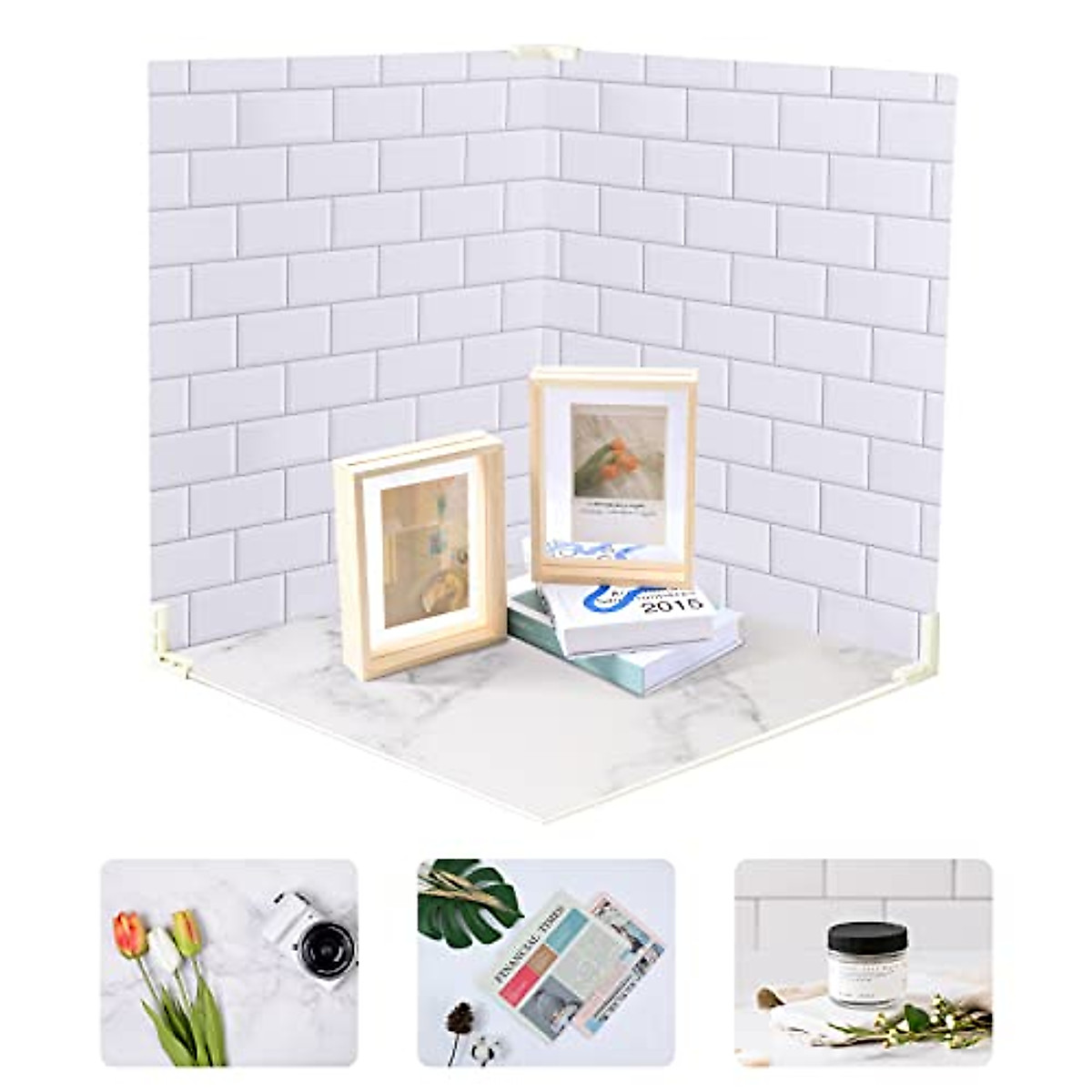 EOAJAFOU 3PCS 24×24in Photo Backdrop Boards White Marble & White Brick Wall with 3PCS Bracket for Food Photography Background