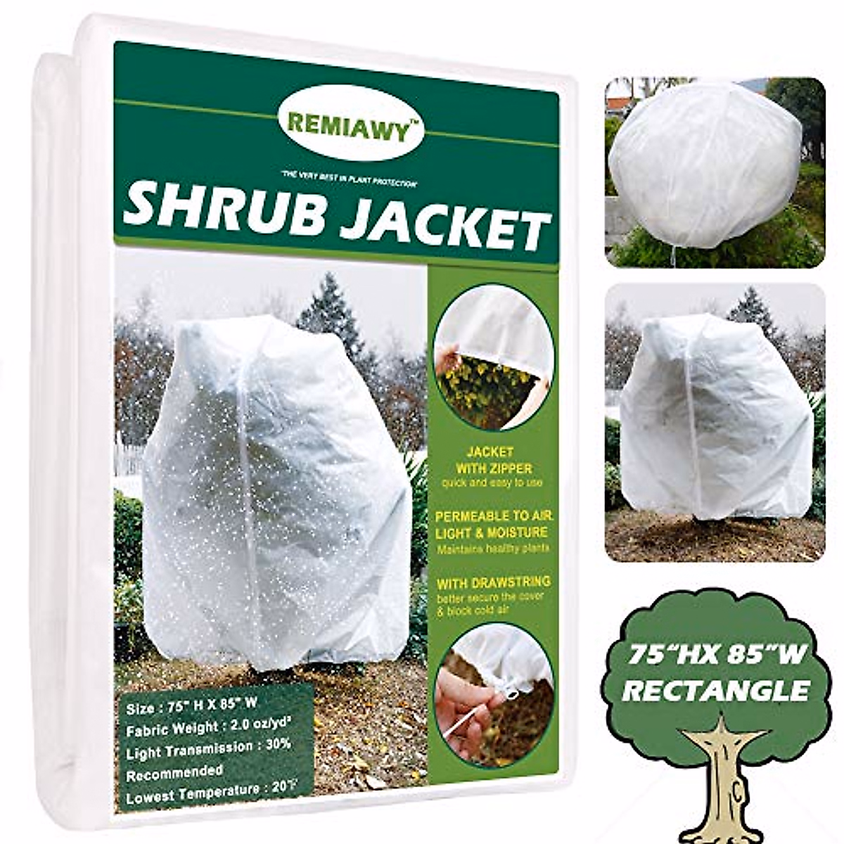 REMIAWY Plant Covers Freeze Protection Frost Blanket for Plants Tree Blanket Cover Shrub Covers Jacket with Zipper Drawstring, Frost Cover for Animal Protection (85”X75” Shrub Jacket 2 oz/sq yd)
