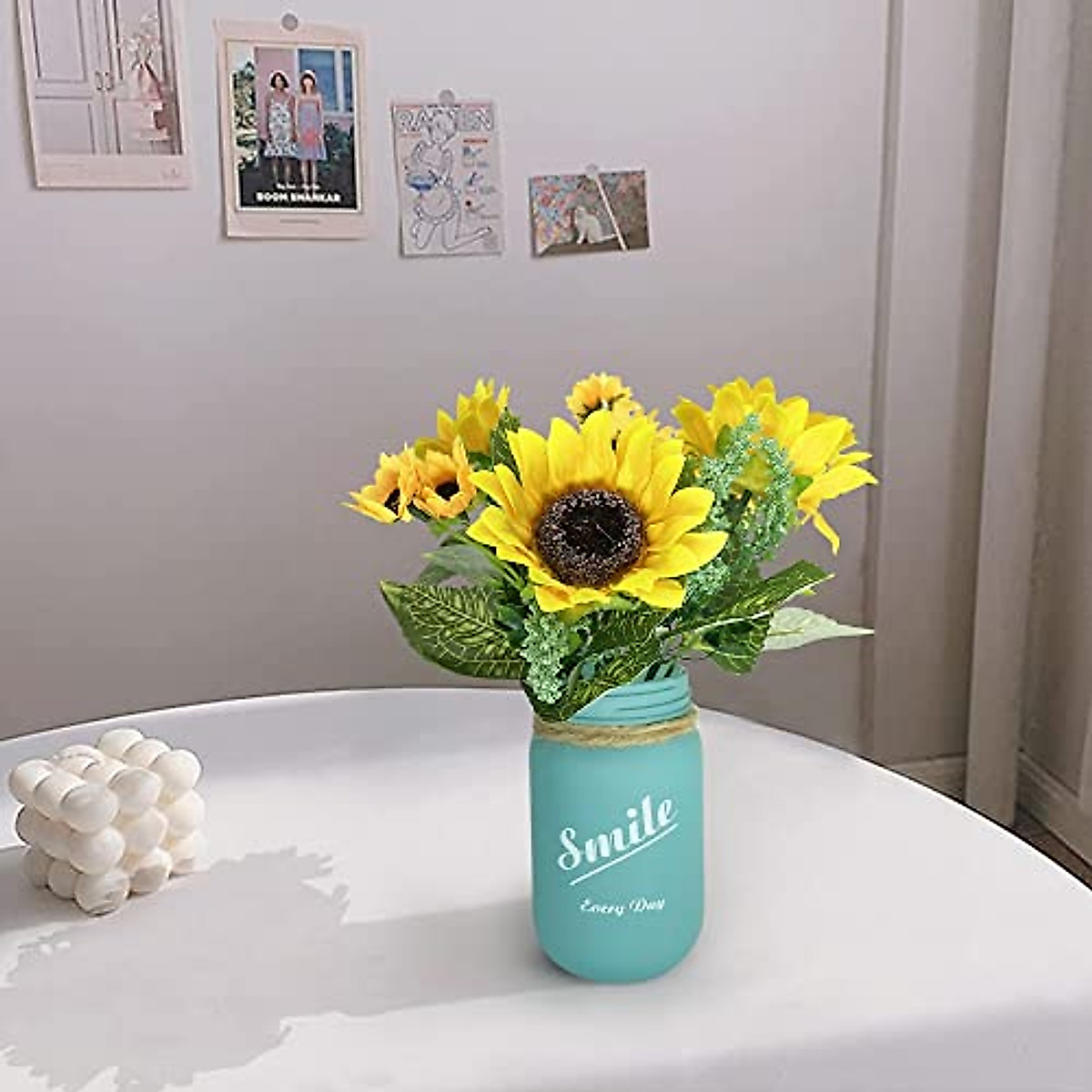 FADALO ART Mason Jar Decor Fake Flower Sunflowers Centerpieces for Dining Room Table Decorations for Living Room Rustic Farmhouse Decor Coffee Table Decor, Teal Blue#01