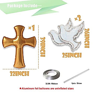 CYMYLAR 1pcs Jumbo 44” Red Gold Cross Balloon for First Communion Baptism Party Decor | 2pcs Laser Shiny Dove Foil Balloon Christening Confirmation Party Supplies Birthday Party Wedding Decorations