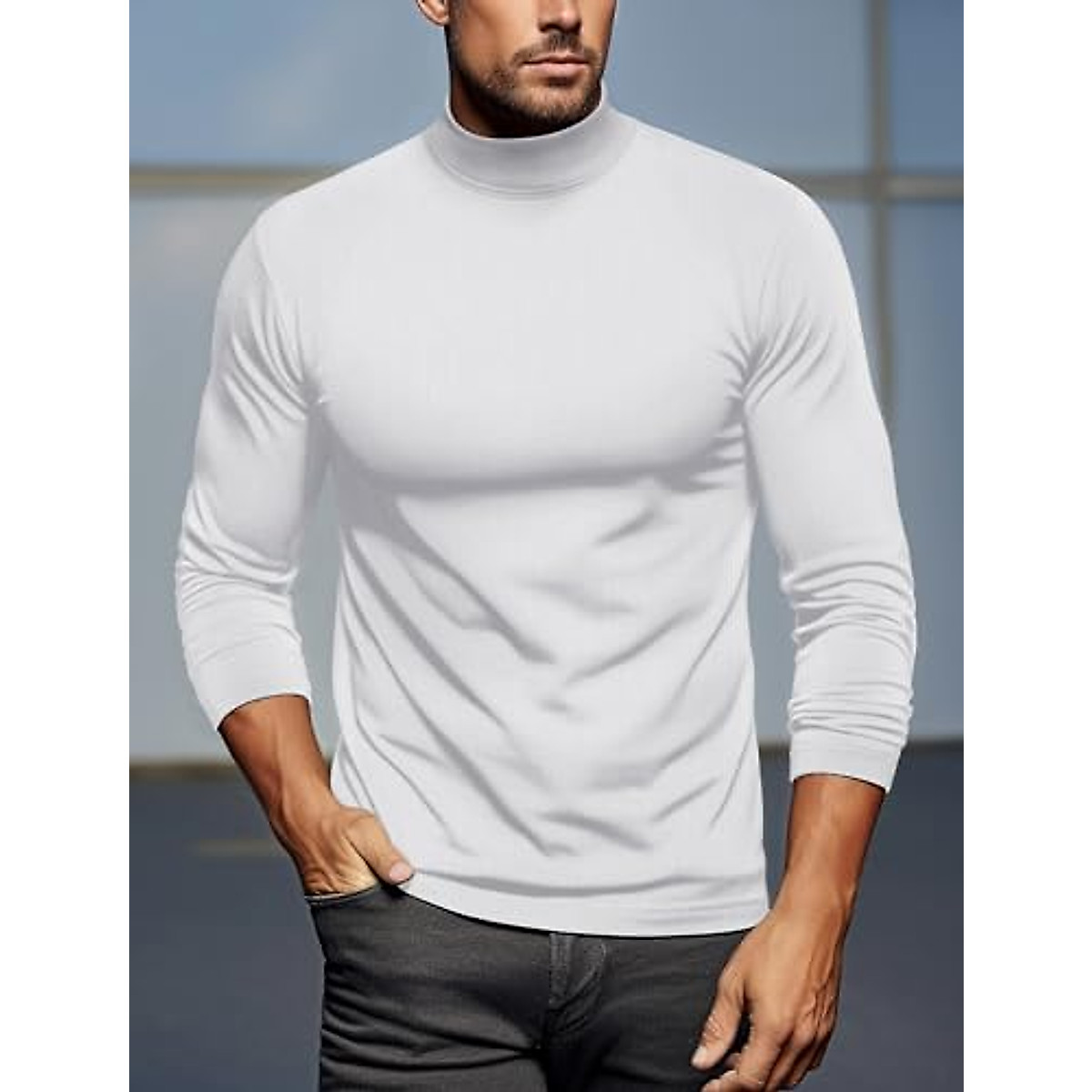 Zengjo Mens Thermal Long Sleeve Shirt Mock Turtleneck(White,L)