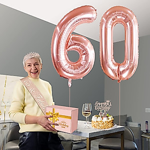 60th Birthday Decorations for Women, Include 60th Birthday Sash and Tiara, Cake Topper and Candles, Number Balloons, 60 Year Old Gifts Women