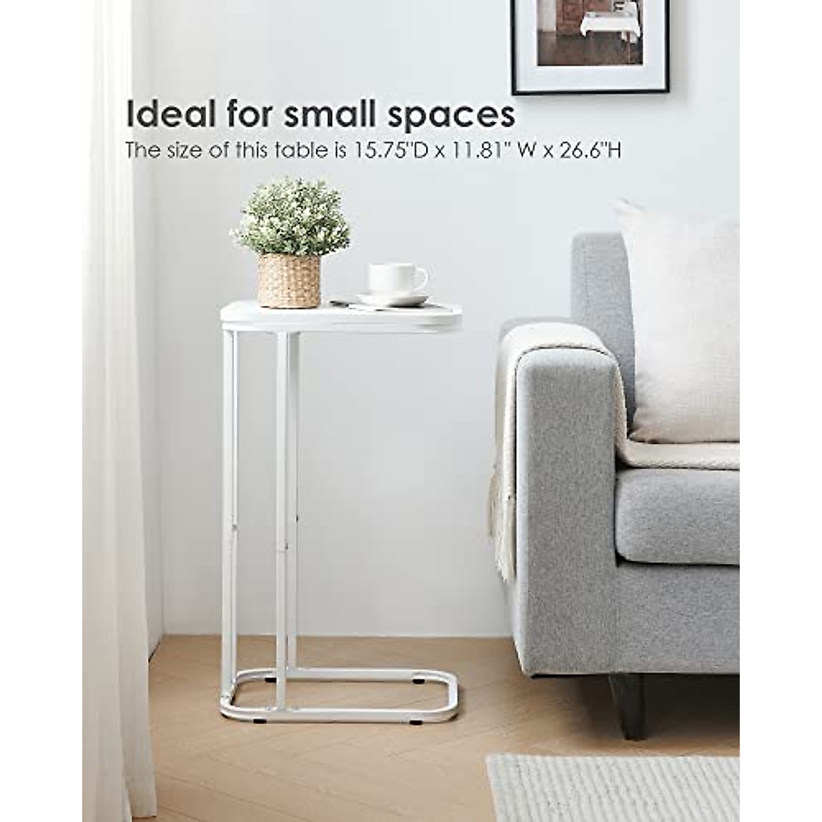 KJGKK C Shaped End Table, 26.6 inches High Side Table for Couch Sofa Bed, Tv Tray, for Living Room, Bedroom, Small Spaces, Metal Frame, White