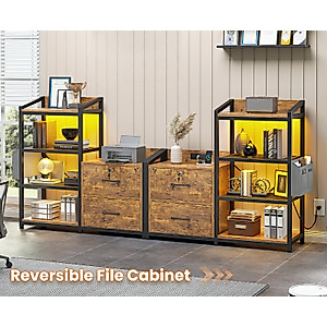 SEDETA 35.4” File Cabinet, Filing Cabinet fits Letter/A4 Size, 2 Drawe File Cabinets for Home Office with Power Strip, LED Lights, Lock, Open Shelf, Rustic Brown