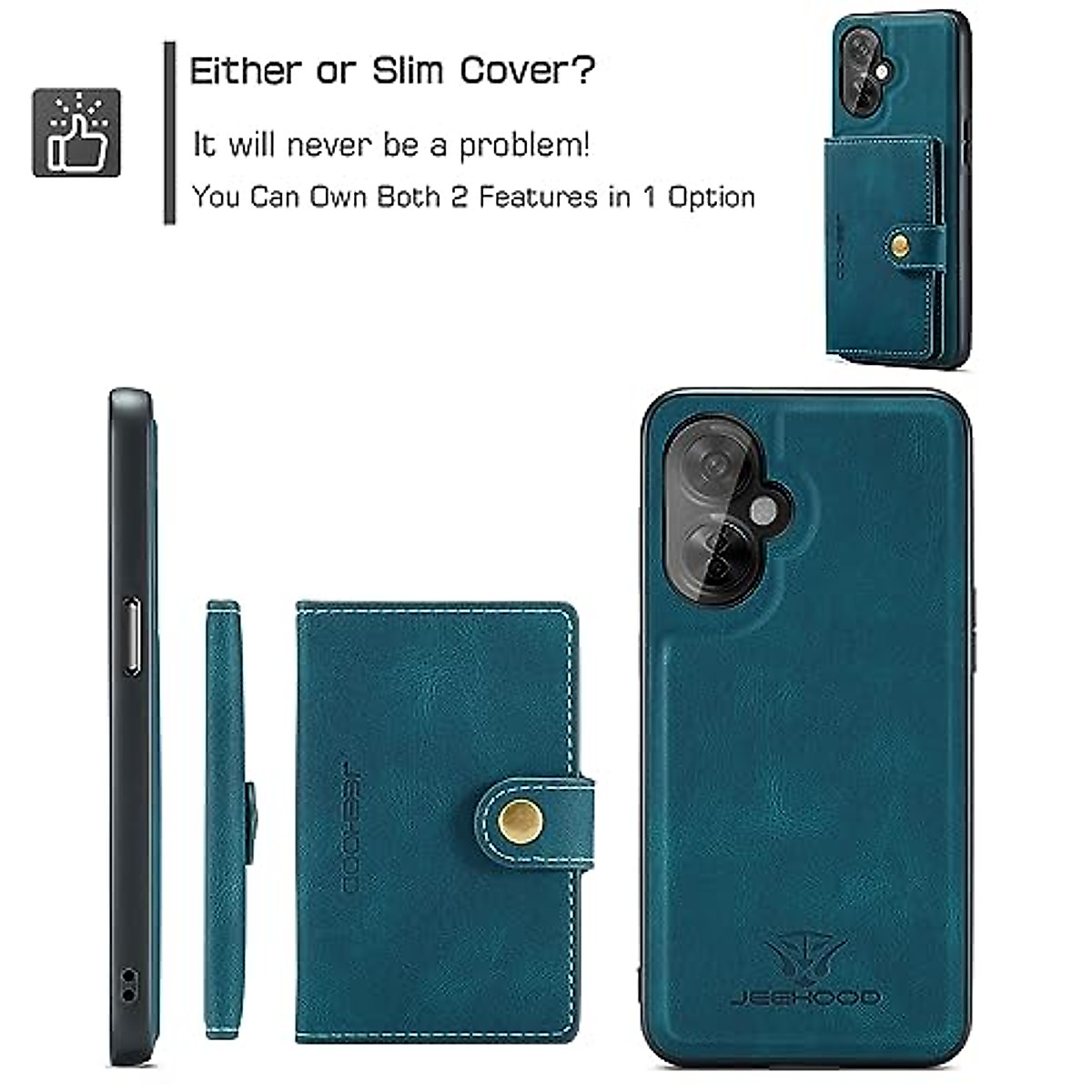 Hongxinyu Case for OnePlus Nord N30 5G / Nord CE 3 Lite 5G, Detachable Magnetic Wallet Card Cash Slot Case Cover Support Wireless Charging Functional Kickstand (Teal)