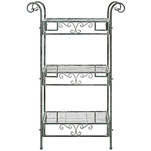 SAFAVIEH Outdoor Collection Noreen Victorian Scroll Antique Dark Green Wrought Iron 3-Tier Shelf