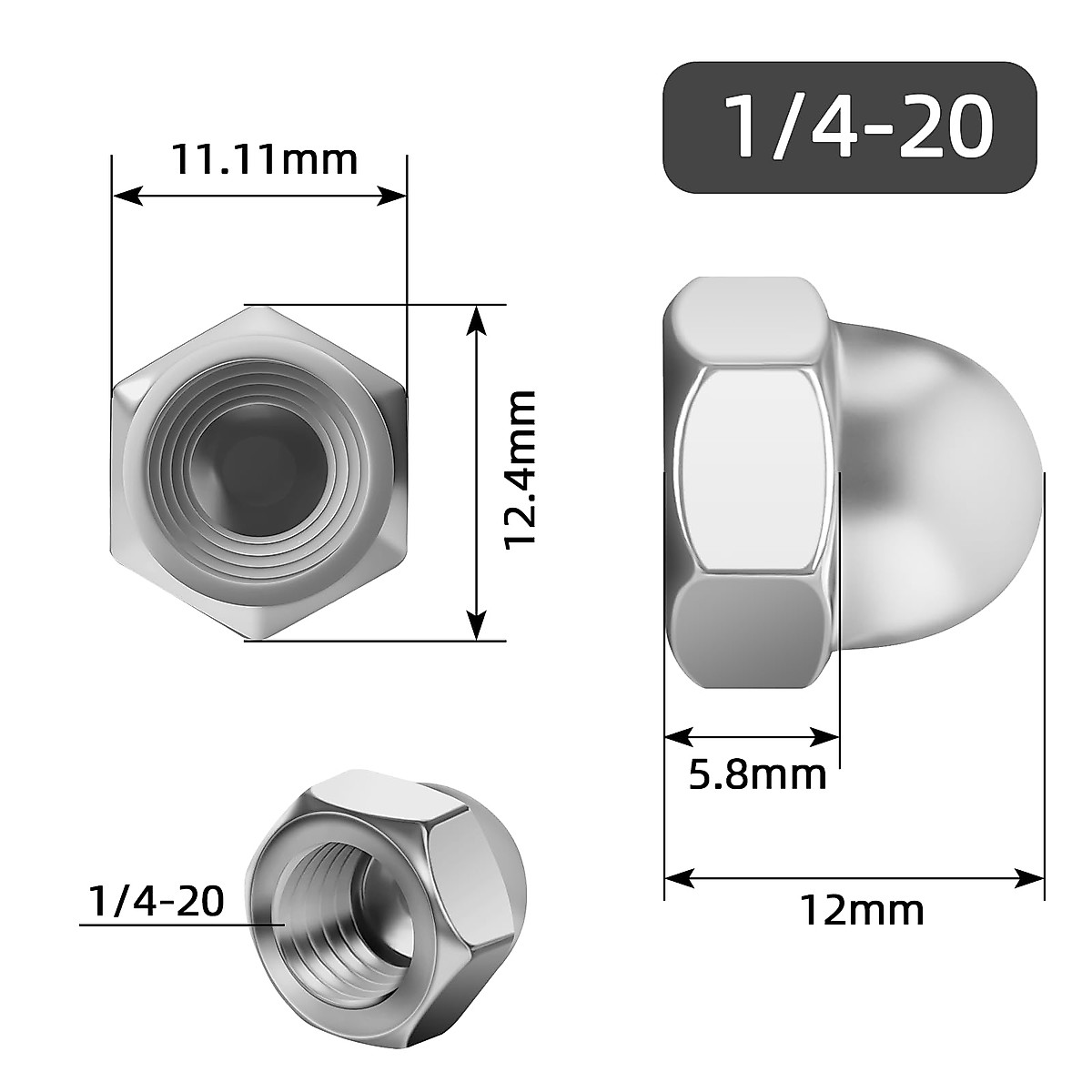 1/4-20 Acorn Hex Cap Dome Head Nuts, 304 Stainless Steel 18-8, Bright Finish, Pack of 50