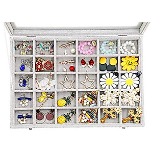 Wudygirl Clear Lid 30 Grid Jewelry Organizer Box Storage Case Showcase Display Jewelry Tray Stackable Removable Ice Velvet(30 Grid)
