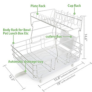 ideaglass Dish Drying Rack with Drainboard - 2 Tier Dish Racks for Kitchen Counter, Dish Drain Large, Stainless Steel Dish Strainer Set, White