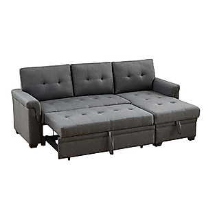HABITRIO Sectional Sofa with Chaise, 84" L-Shape Loveseat Couch w/Roll-Out Sleeper Bed, Reversible Storage Lounge, Dark Grey Linen Upholstered Seating Furniture for Living Room