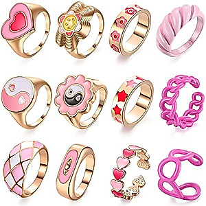 Hicarer 12 Pcs Y2k Rings Hot Pink Rings Colorful Resin Acrylic Rings Chunky Rings Vintage Knuckle Rings Trendy Rings for Women