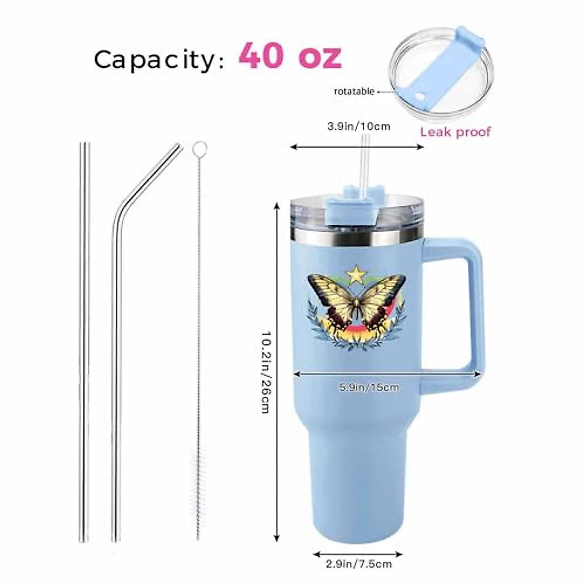 40 Oz Insulated Tumbler with Handle and Straw,Watercolor Butterfly Star Leaf Stainless Steel Vacuum Insulated Travel Mug,Leak-proof Water Bottle Iced Coffee Cup,Vintage Rainbow